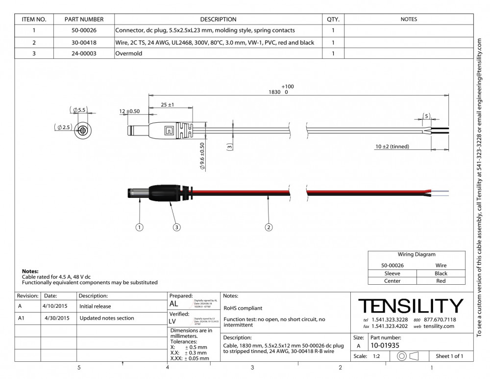 Product drawing sheet for Tensility International model 10-01935
