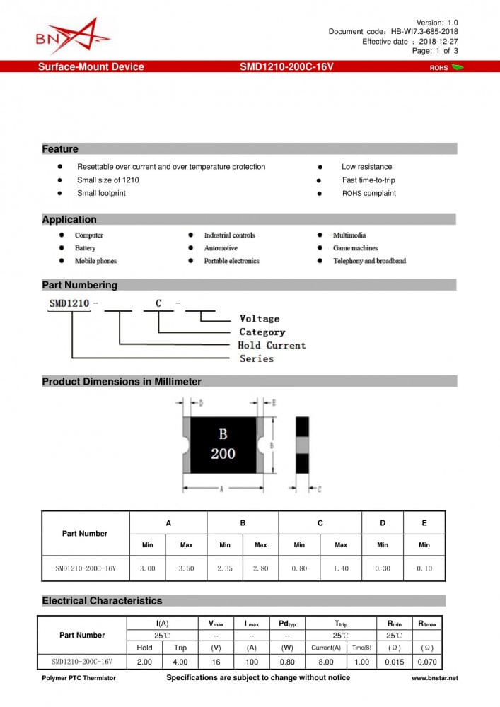 BNstar SMD1210-200C-16V datasheet page 1