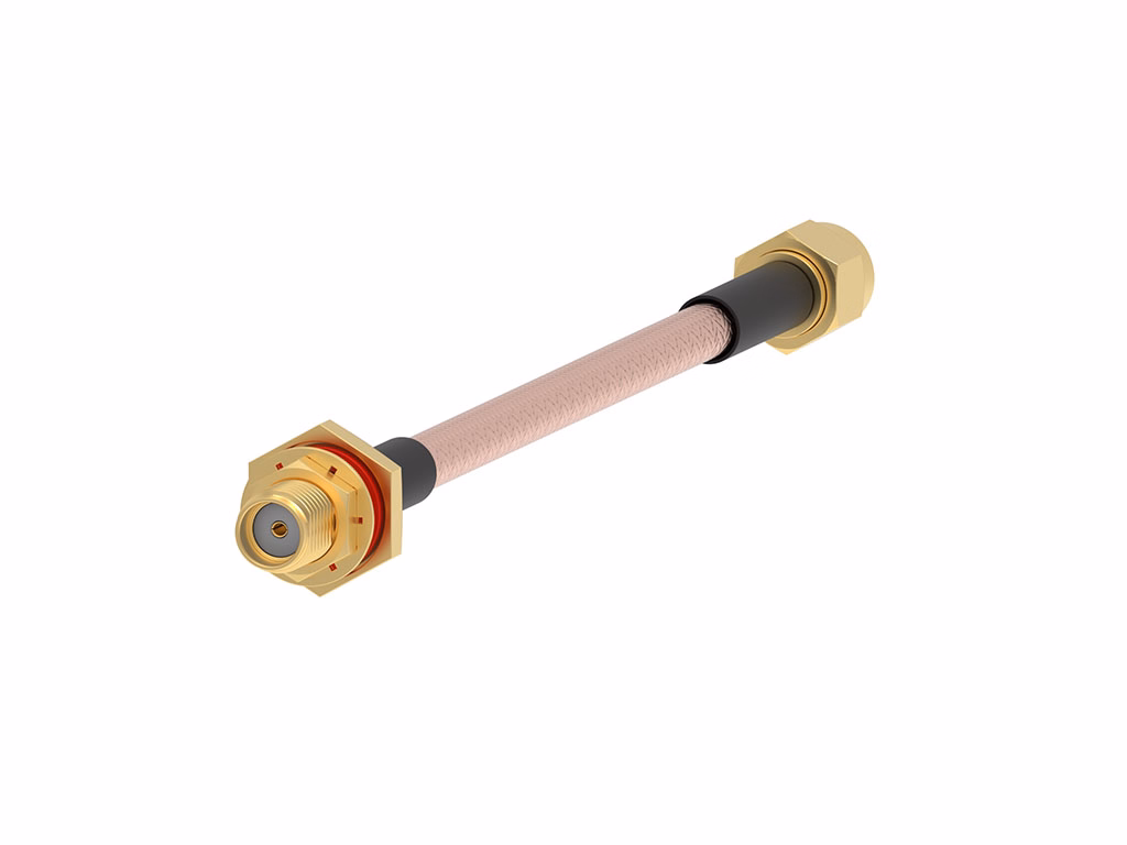 TNC Straight Bulkhead Jack Isolated Ground to MCRF Right-Angle Plug on 1.37mm Cable, 50.00mm Length, 50 Ohms
