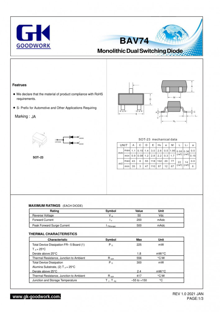GOODWORK BAV74 datasheet page 1