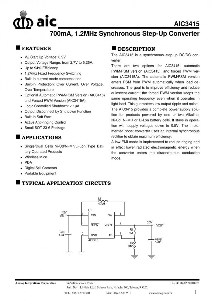 AIC3415 datasheet page 1