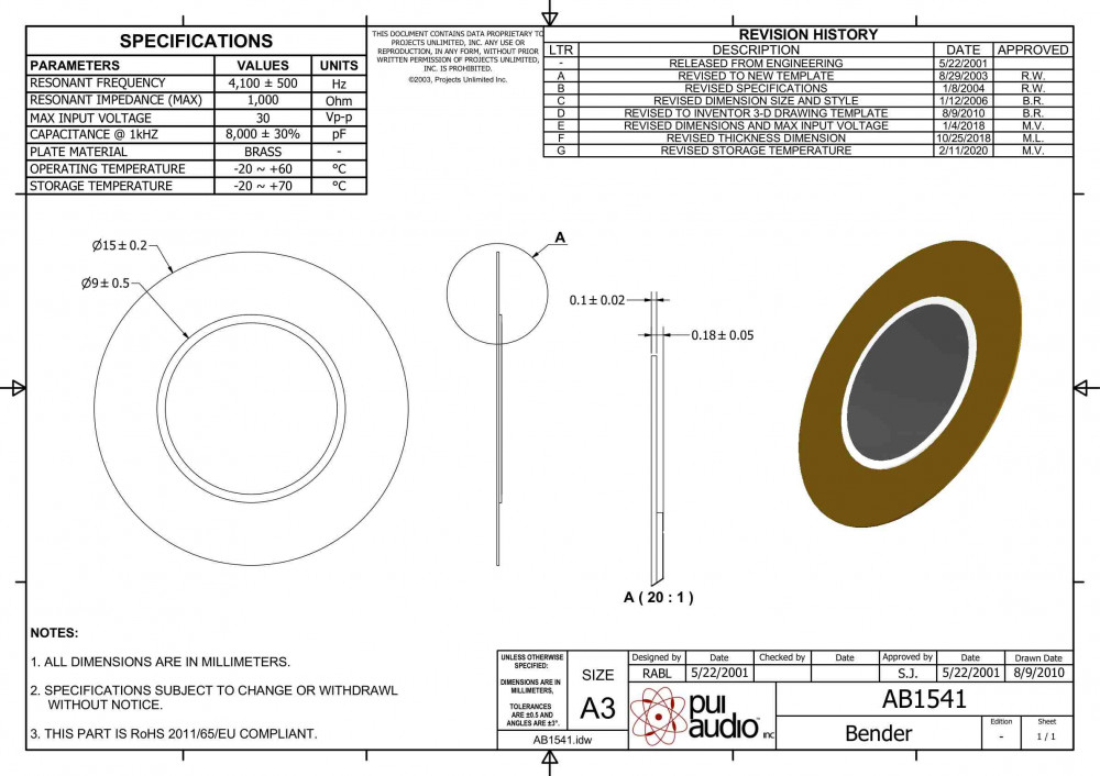 PUI Audio AB1541 bender datasheet drawing and specification page
