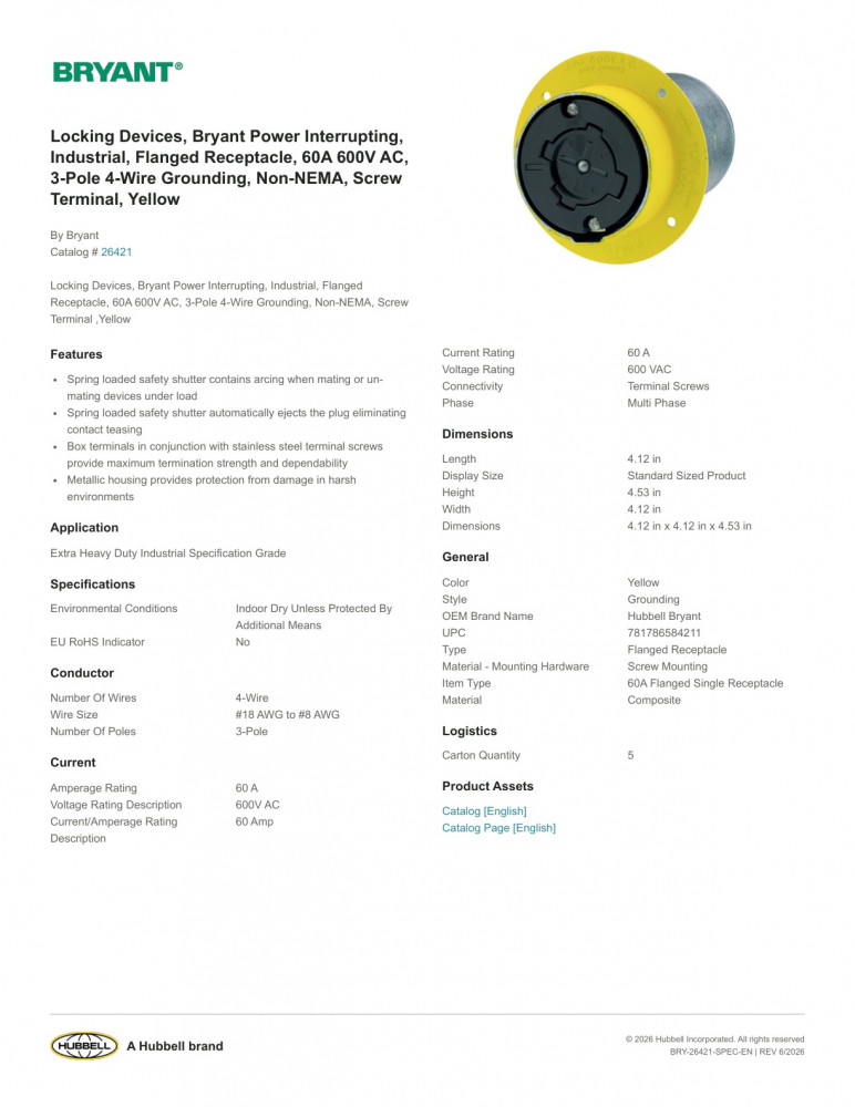 Technical document image for Burndy Hubbell Bryant catalog 26421