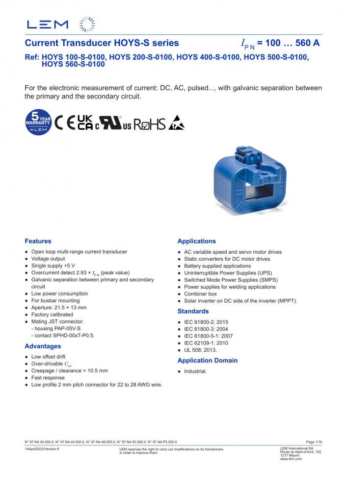 HOYS-S datasheet page 1