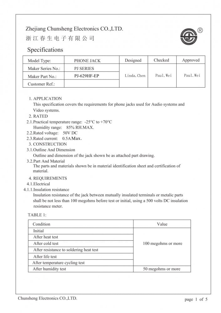 PJ-629HF-EP specification page 2