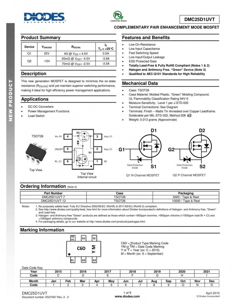 DMC25D1UVT-7 datasheet page 1
