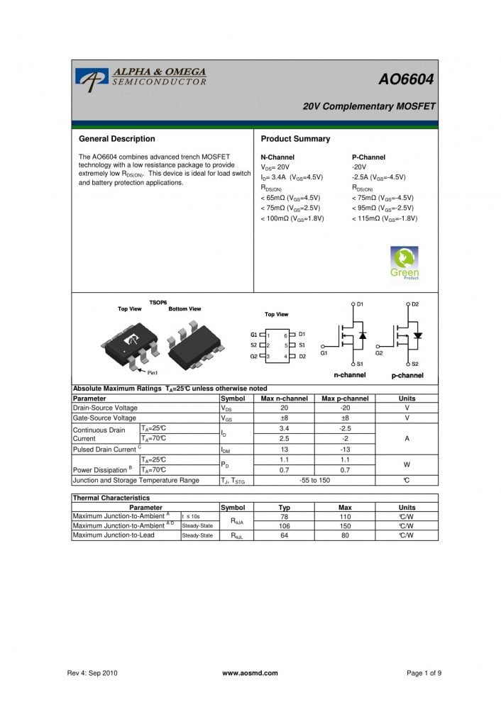 AO6604 datasheet page 1