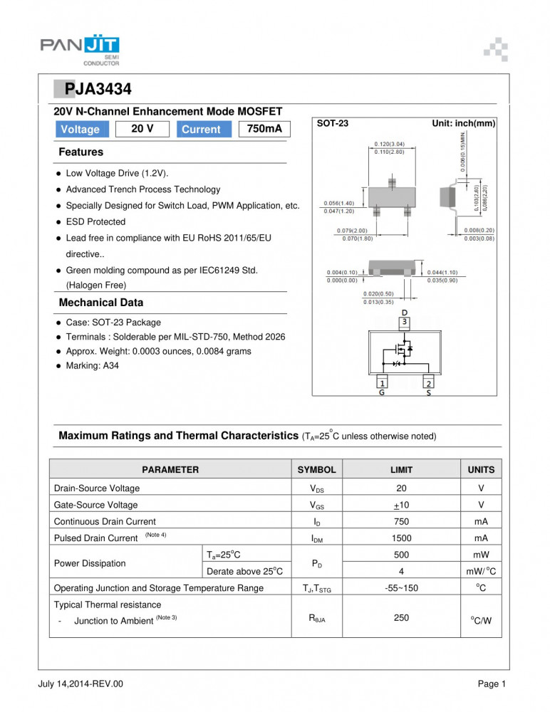 PANJIT PJA3434 datasheet page 1