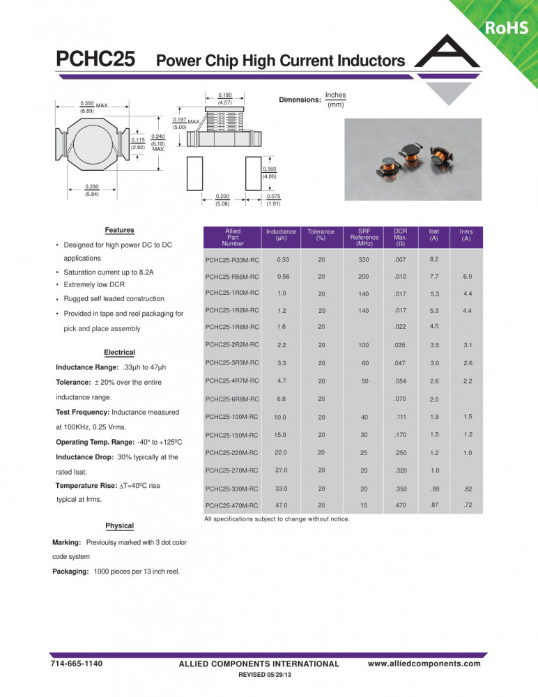 PCHC25 series product specification and dimensional drawing