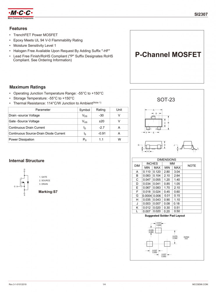 SI2307-TP datasheet page 1