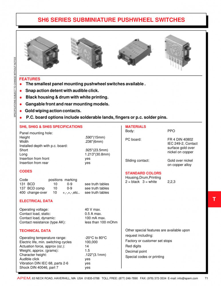 APEM SH6 series datasheet page 1