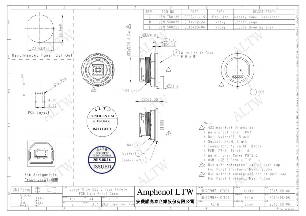 Amphenol UB-20PMFP-LC7001 product drawing preview