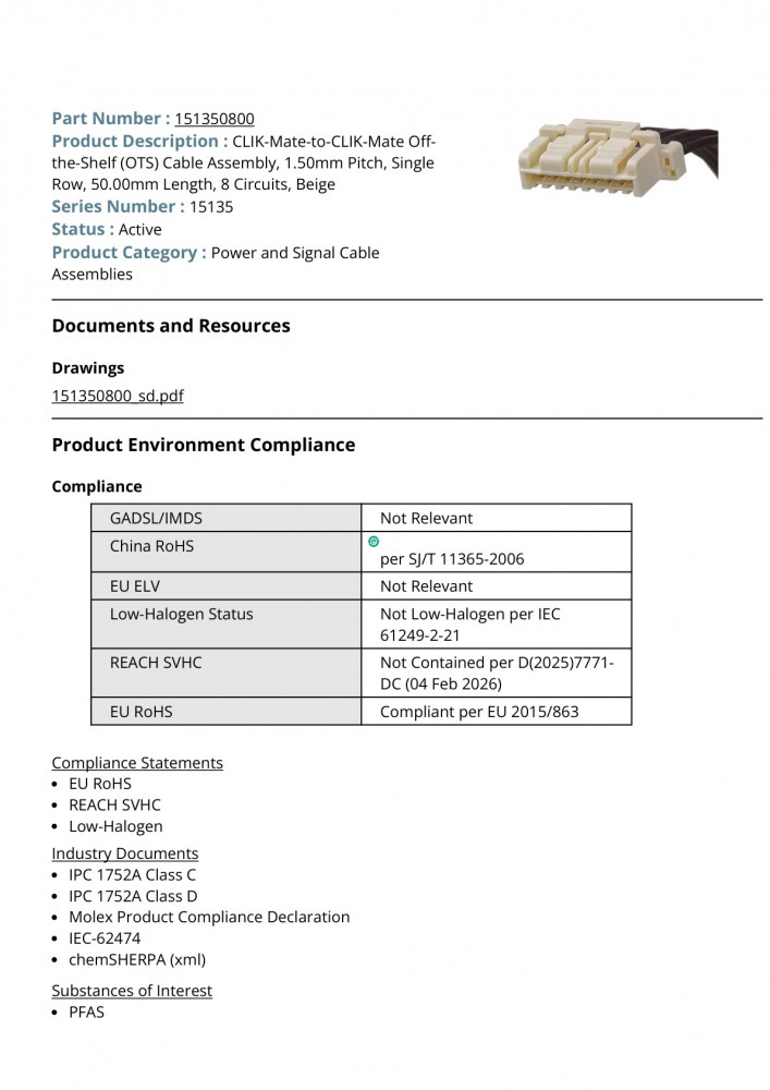 MOLEX 151350800 technical drawing page 1