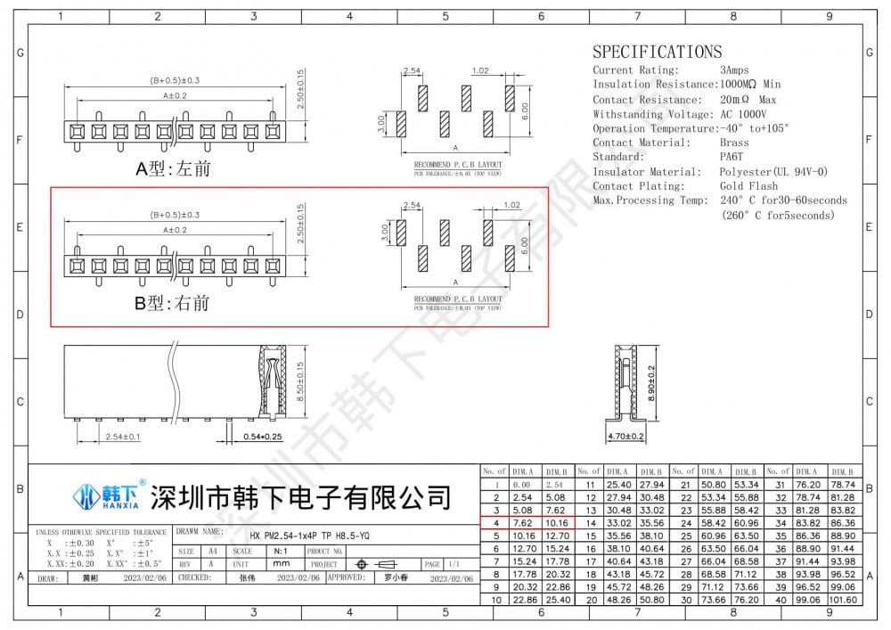 HX PM2.54-1x4P TP H8.5-YQ technical drawing
