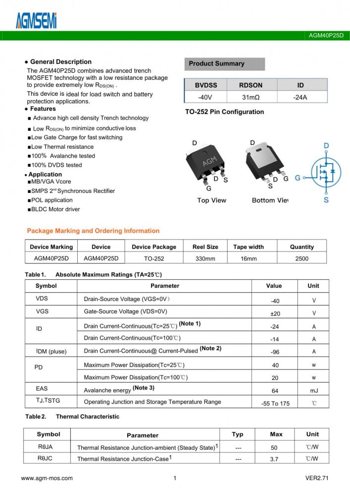 AGM40P25D datasheet page 1