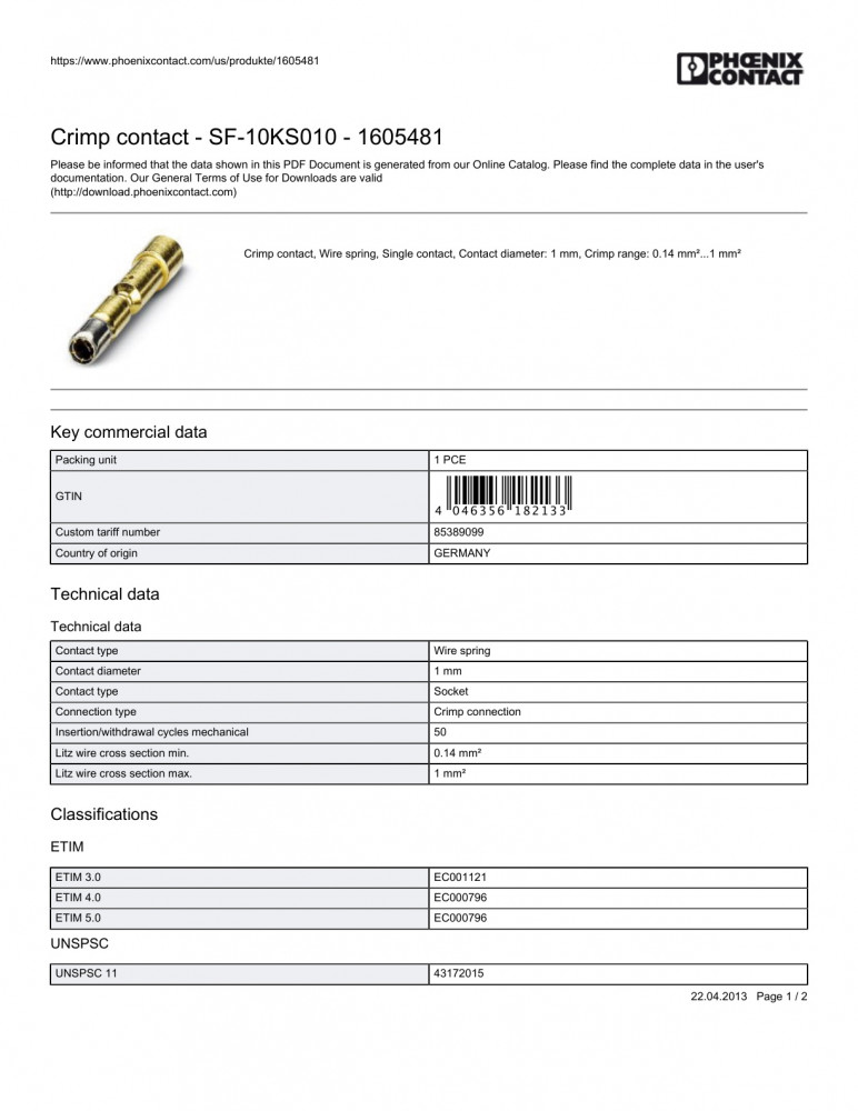 Phoenix Contact 1605481 technical document page 1