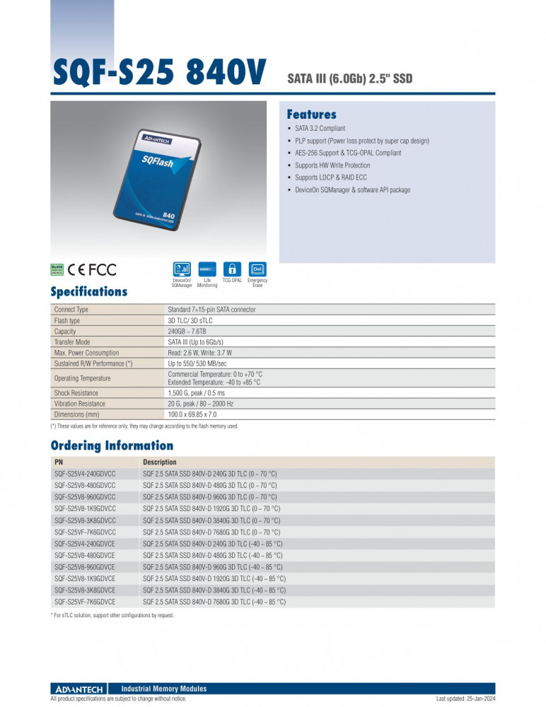 ADVANTECH SQF-S25 840V technical documentation preview