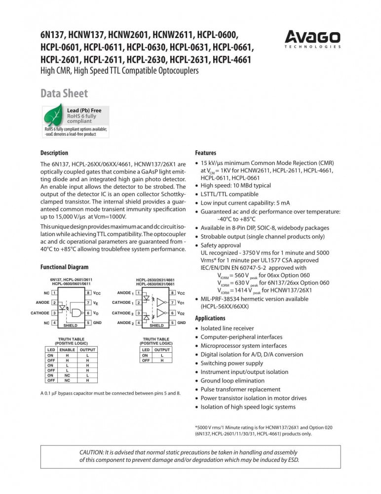 6N137 datasheet page 1