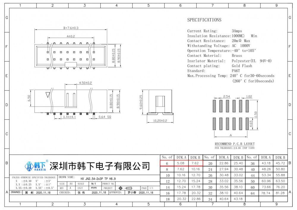HX JN2.54-2x3P TP H8.9 technical drawing