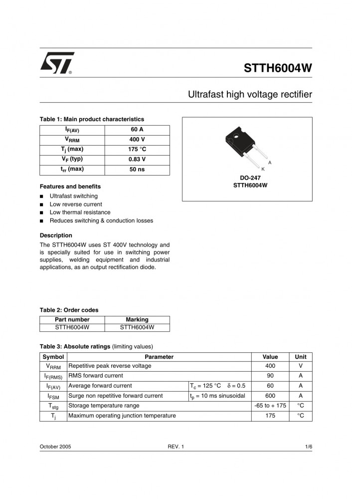 STTH6004W datasheet page 1