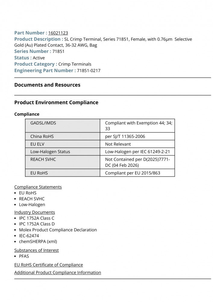 MOLEX SL product specification page 1