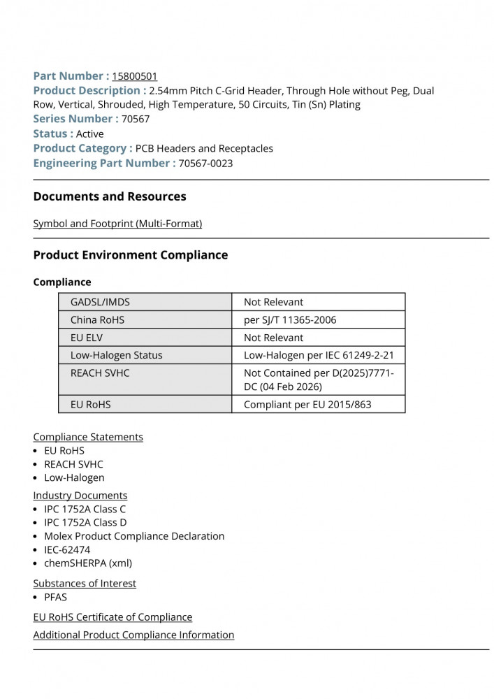 Technical document page 1 for MOLEX 15800501