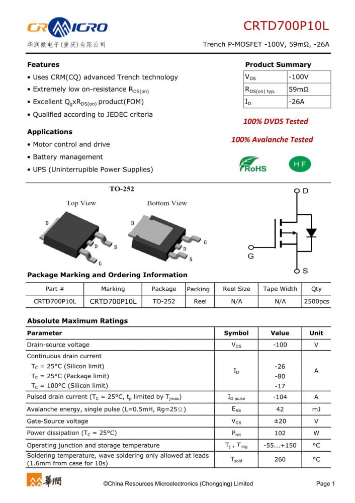 CRTD700P10L datasheet page 1