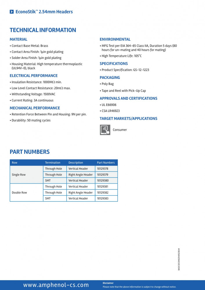 Amphenol EconoStik 2.54 mm header technical document page 2