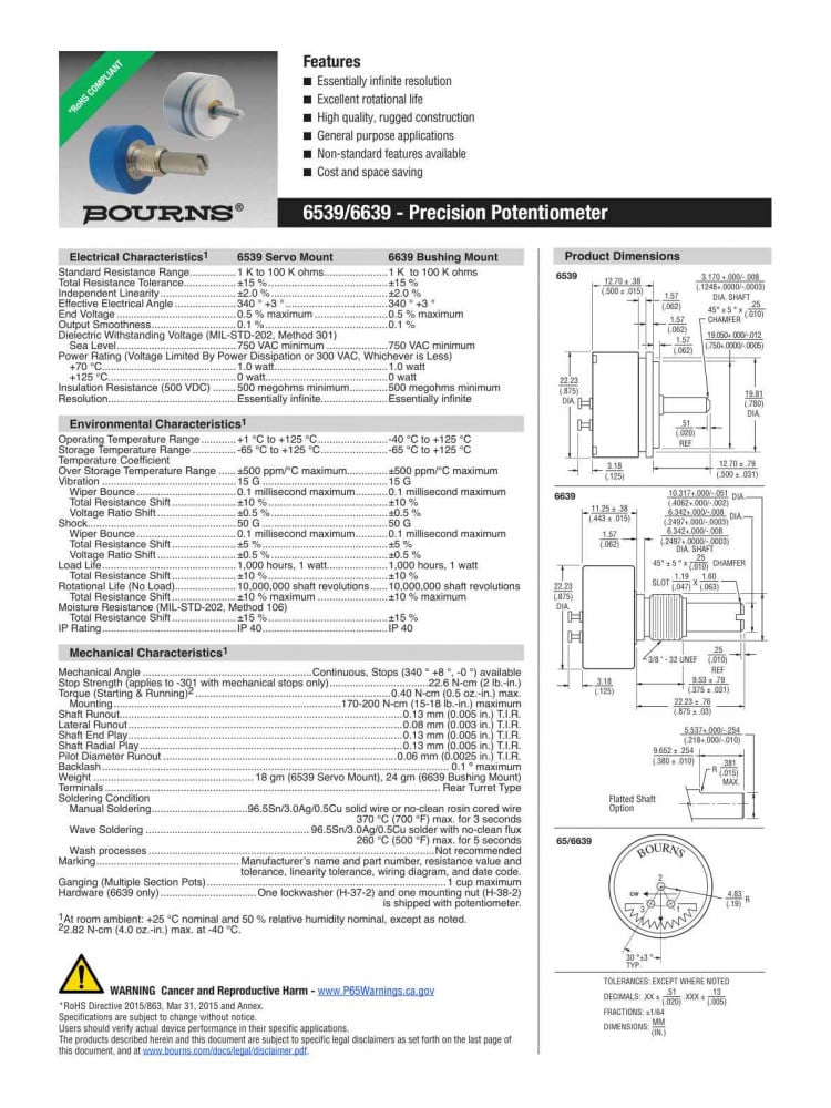 BOURNS 6539 and 6639 precision potentiometer datasheet page 1