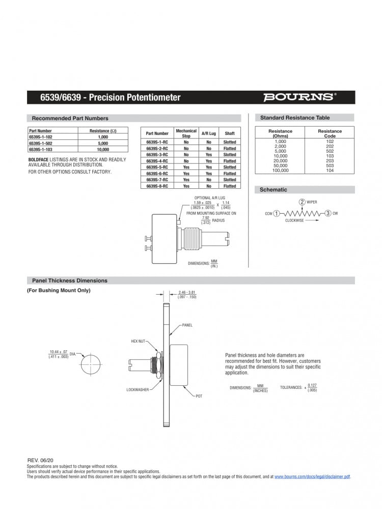 BOURNS 6539 and 6639 precision potentiometer datasheet page 2