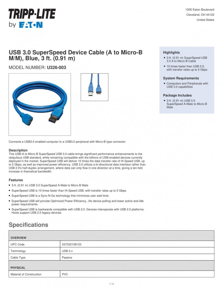 EATON U326-003 product documentation page 1