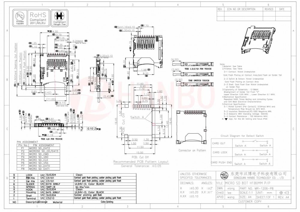 Hanbo Electronic MR-1206-P8 MicroSD connector drawing