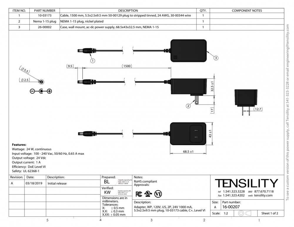 Tensility 16-00207 adapter specification sheet, page 1