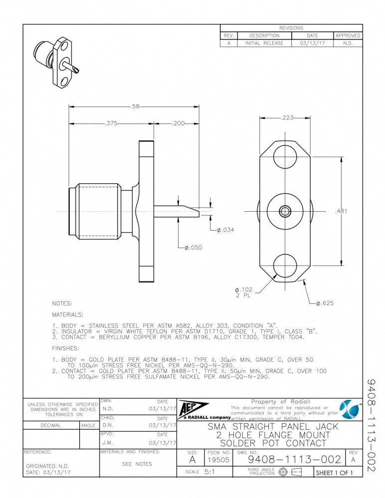 Radiall 9408-1113-002 product drawing preview