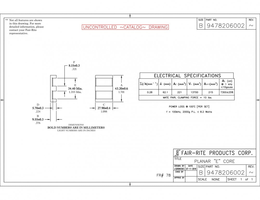 Fair-Rite 9478206002 Planar E Core drawing