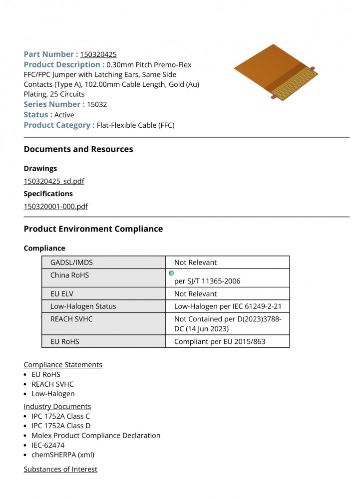 Molex 0.30 mm pitch FFC family specification, page 1
