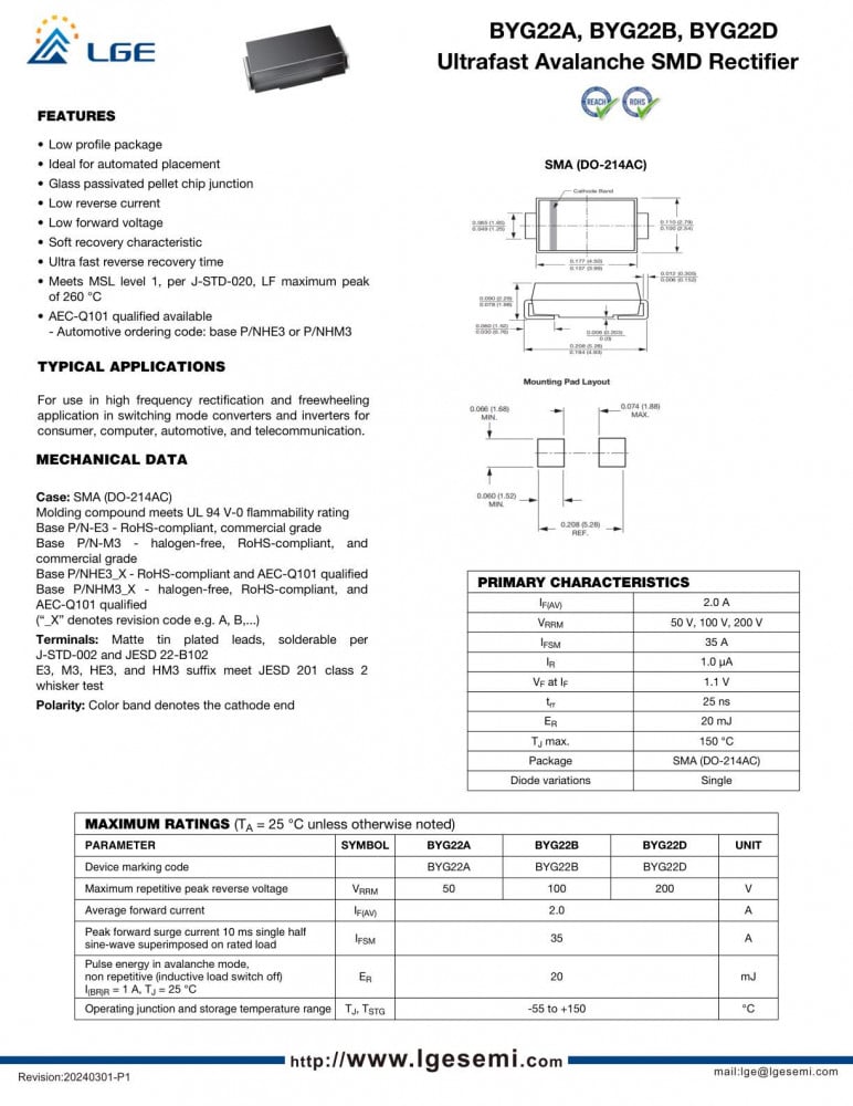 BYG22B datasheet page 1