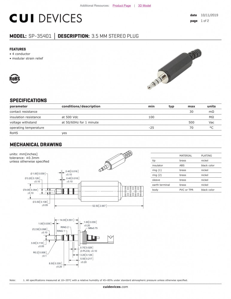 CUI SP-35401 datasheet page 1