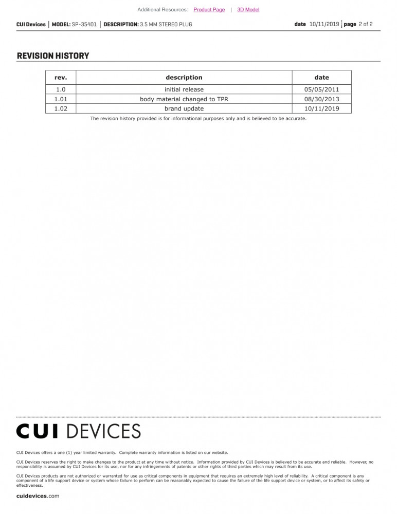 CUI SP-35401 datasheet page 2