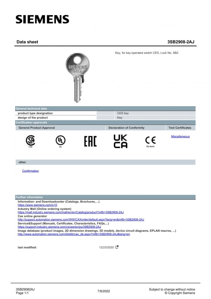 SIEMENS 3SB2908-2AJ datasheet page