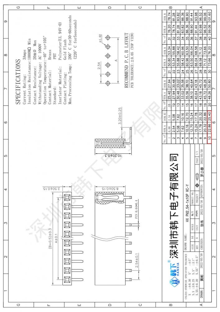 HX PM2.54-1x10P WC-Y specification page 1