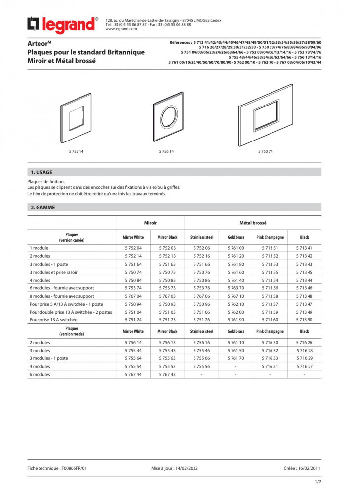 Legrand ArteorM technical document page, image 1