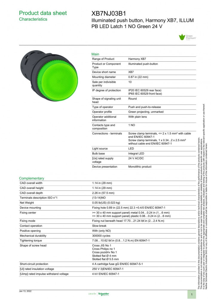 XB7NJ03B1 technical document page 1