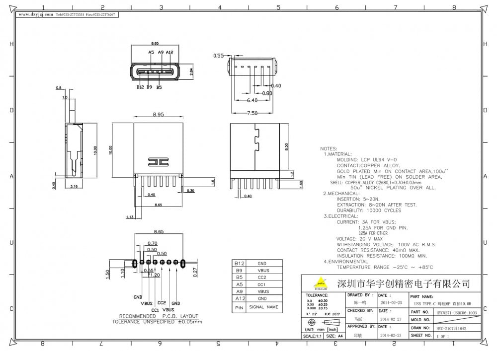 HOAUC HYCW271-USBC06-100B technical drawing