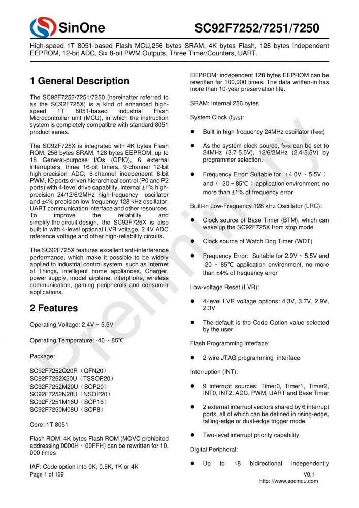 SC92F7251 datasheet page 1