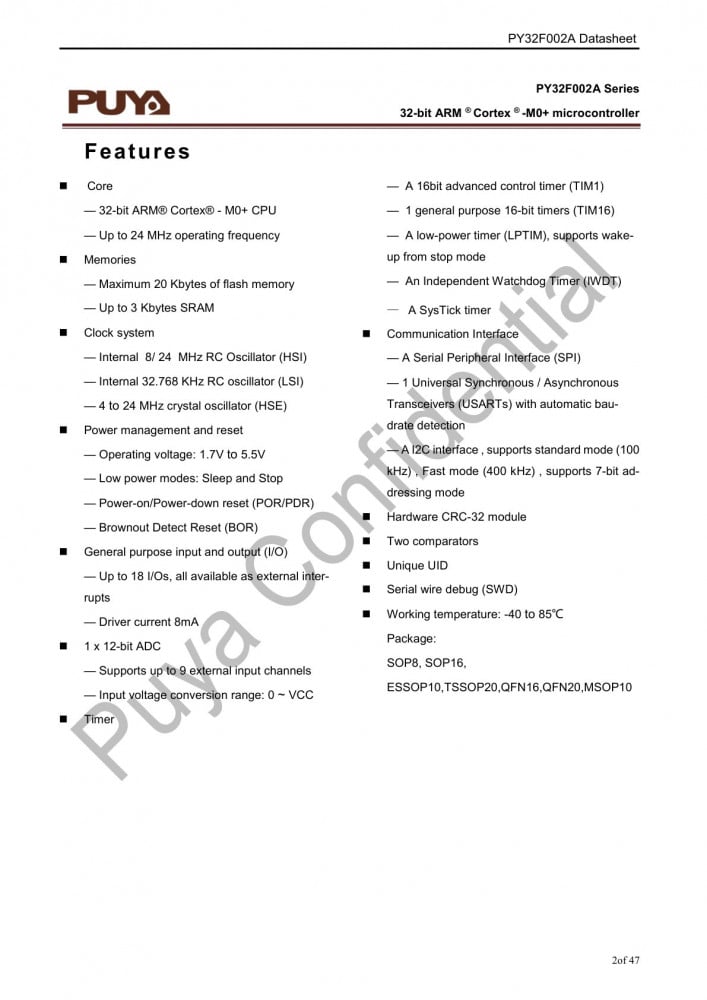 PY32F002A datasheet page 2