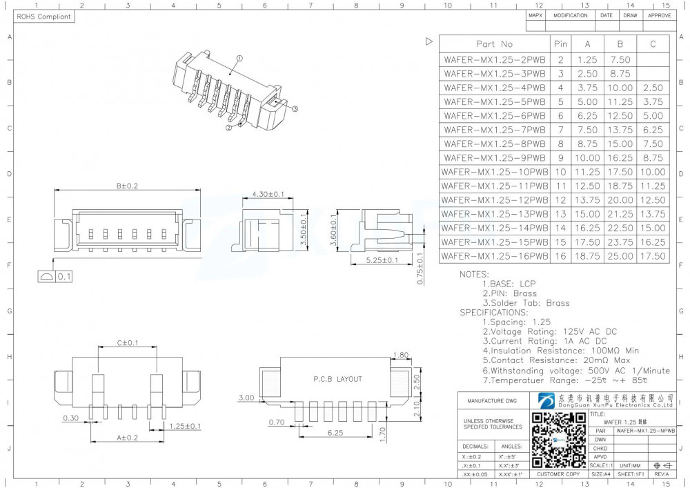 XUNPU WAFER-MX1.25-4PWB technical drawing