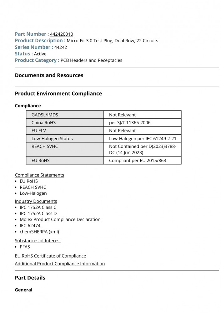 Product document page 1 for MOLEX 442420010