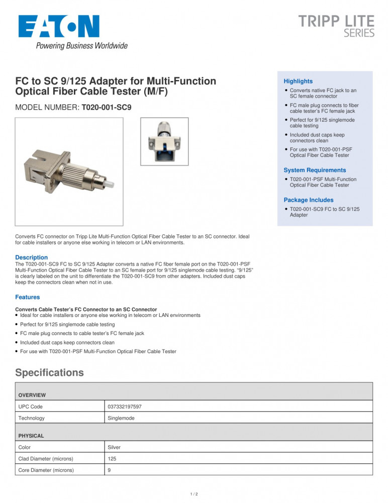 EATON T020-001-SC9 product document page 1