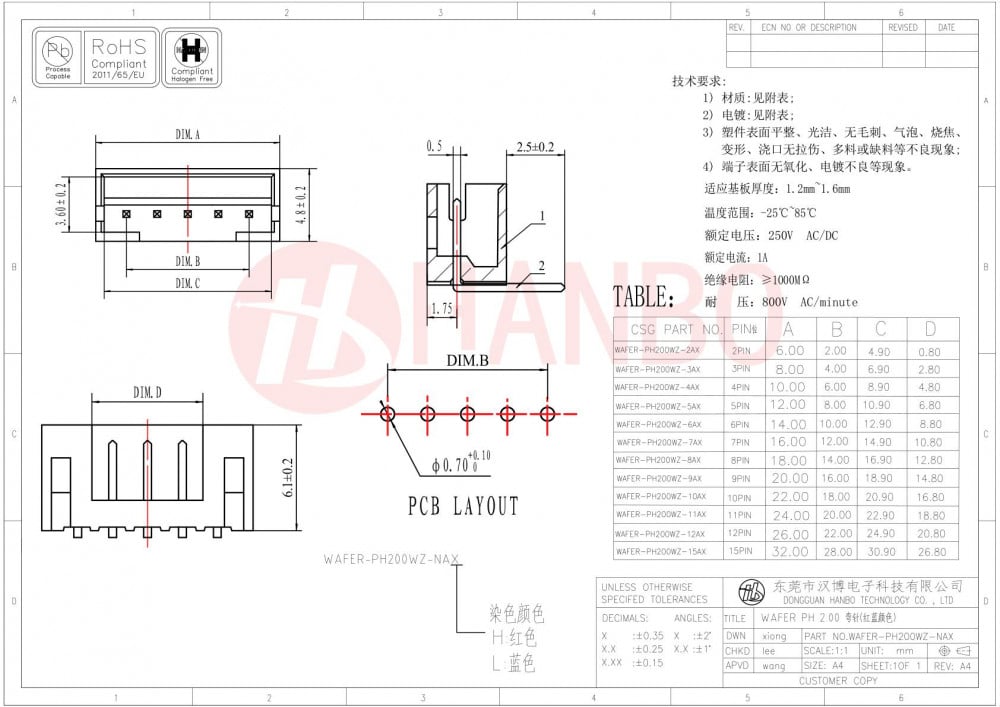Hanbo Electronic WAFER PH 2.00 bent-pin connector technical drawing